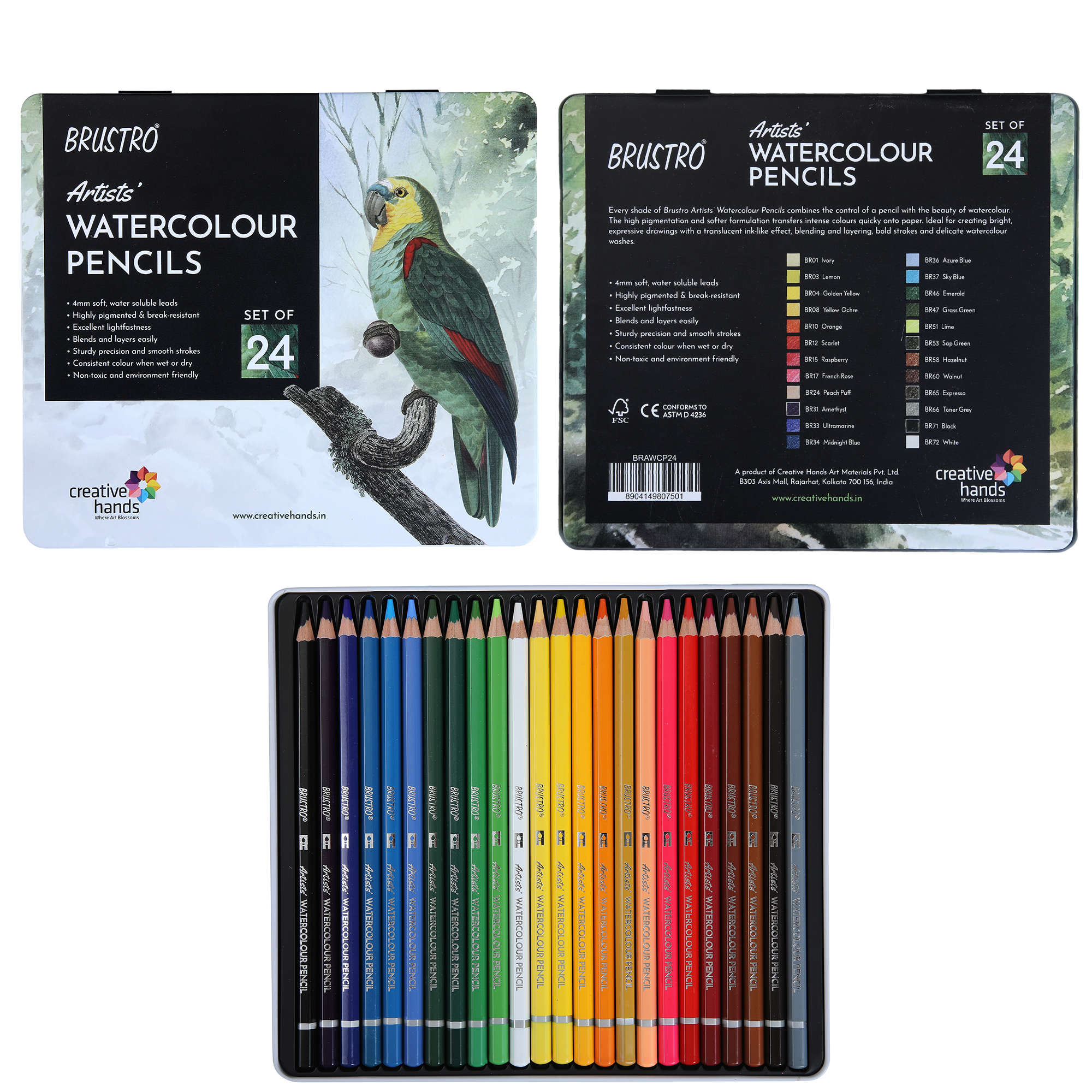 BRUSTRO Artists Watercolour Pencil |Set of 24 (in Elegant tin Box ...